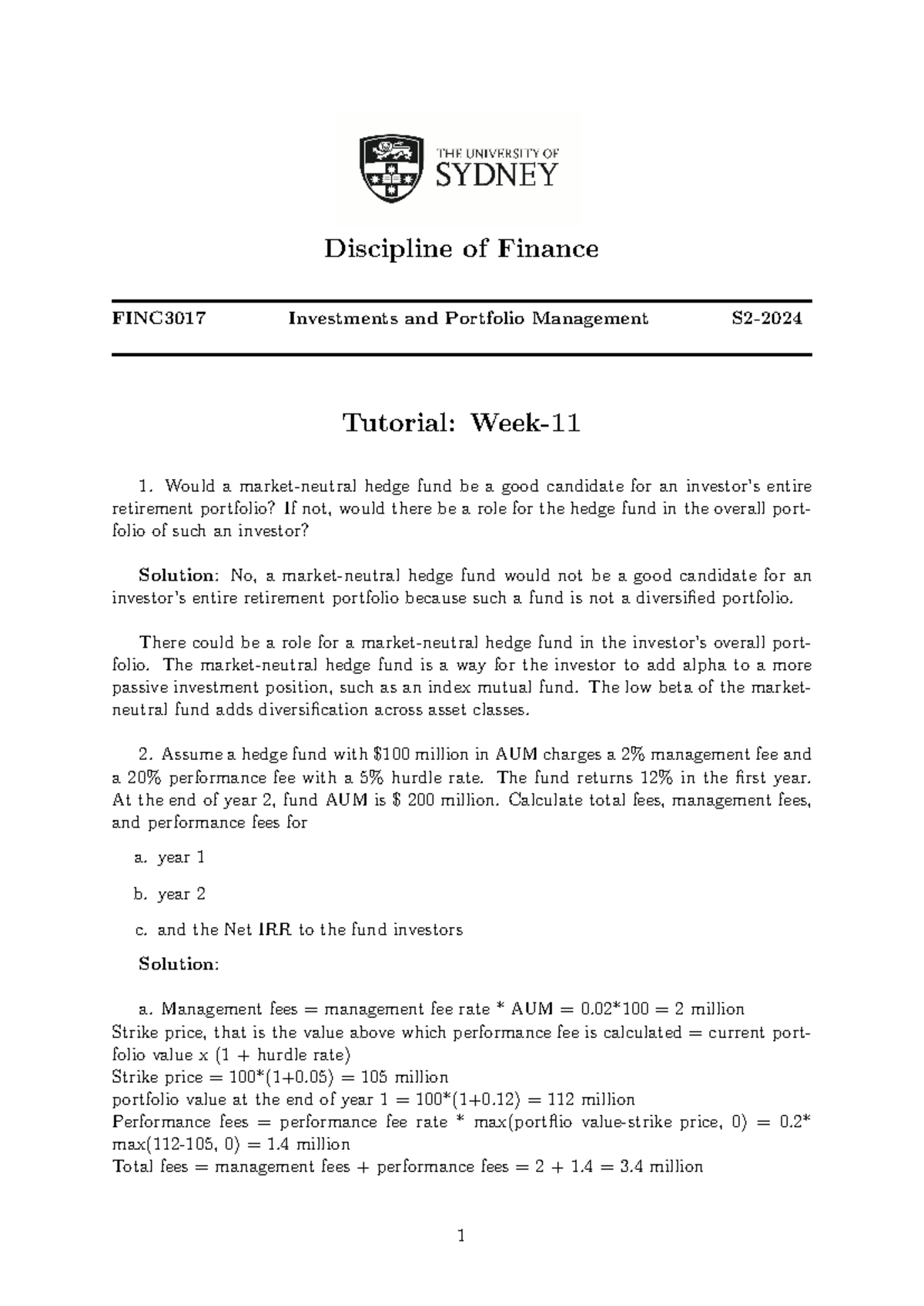 Tutorial wk11 solution - Discipline of Finance FINC3017 Investments and Portfolio Management S2 ...