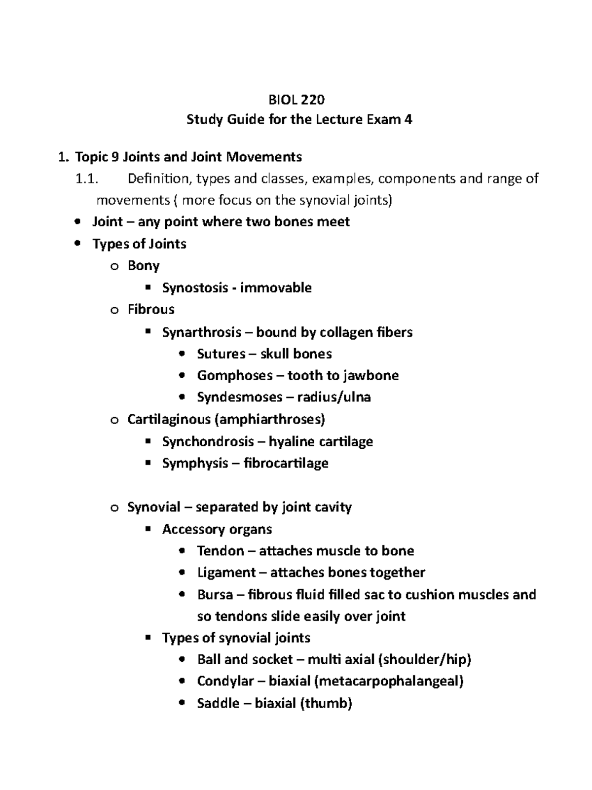 BIOL 220 Lecture 4 Exam Study Guide - BIOL 220 Study Guide for the Lecture Exam 4 Topic 9 Joints ...