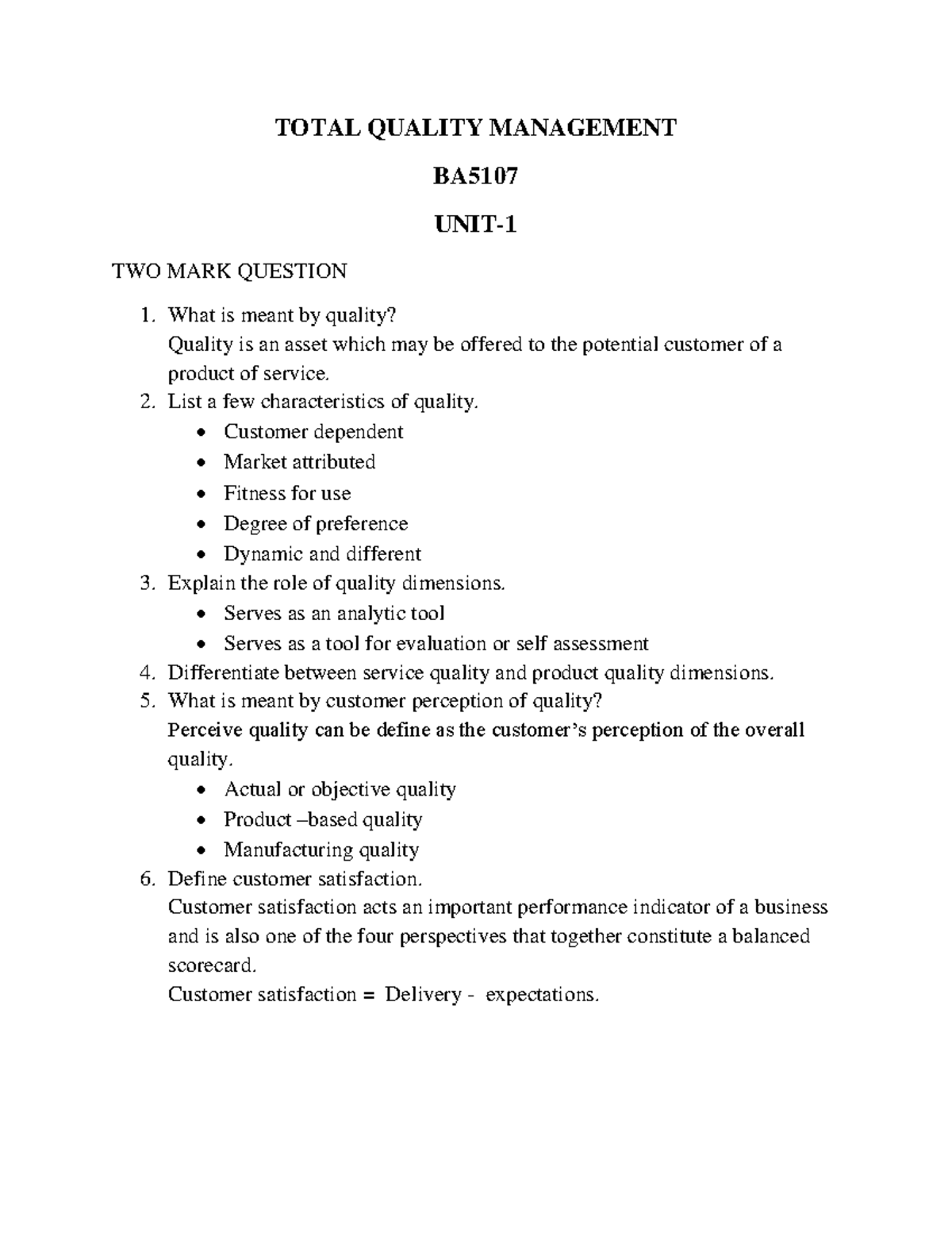 Total Quality Management question - TOTAL QUALITY MANAGEMENT BA UNIT ...