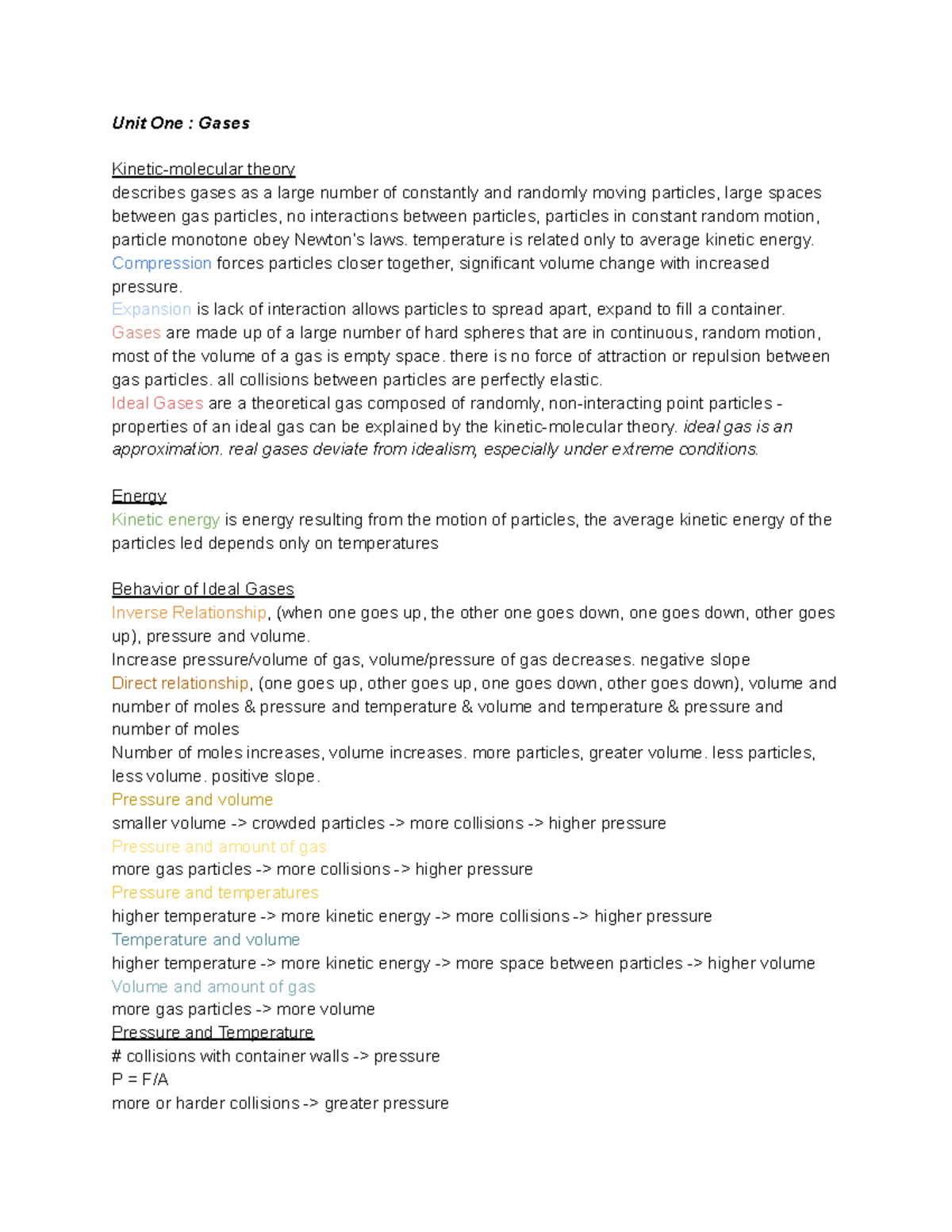 Intro to Chemistry - Unit One : Gases Kinetic-molecular theory ...