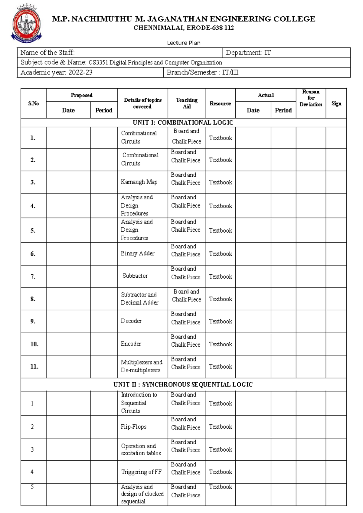 Lesson PLAN FOR DPCO - M. NACHIMUTHU M. JAGANATHAN ENGINEERING COLLEGE ...