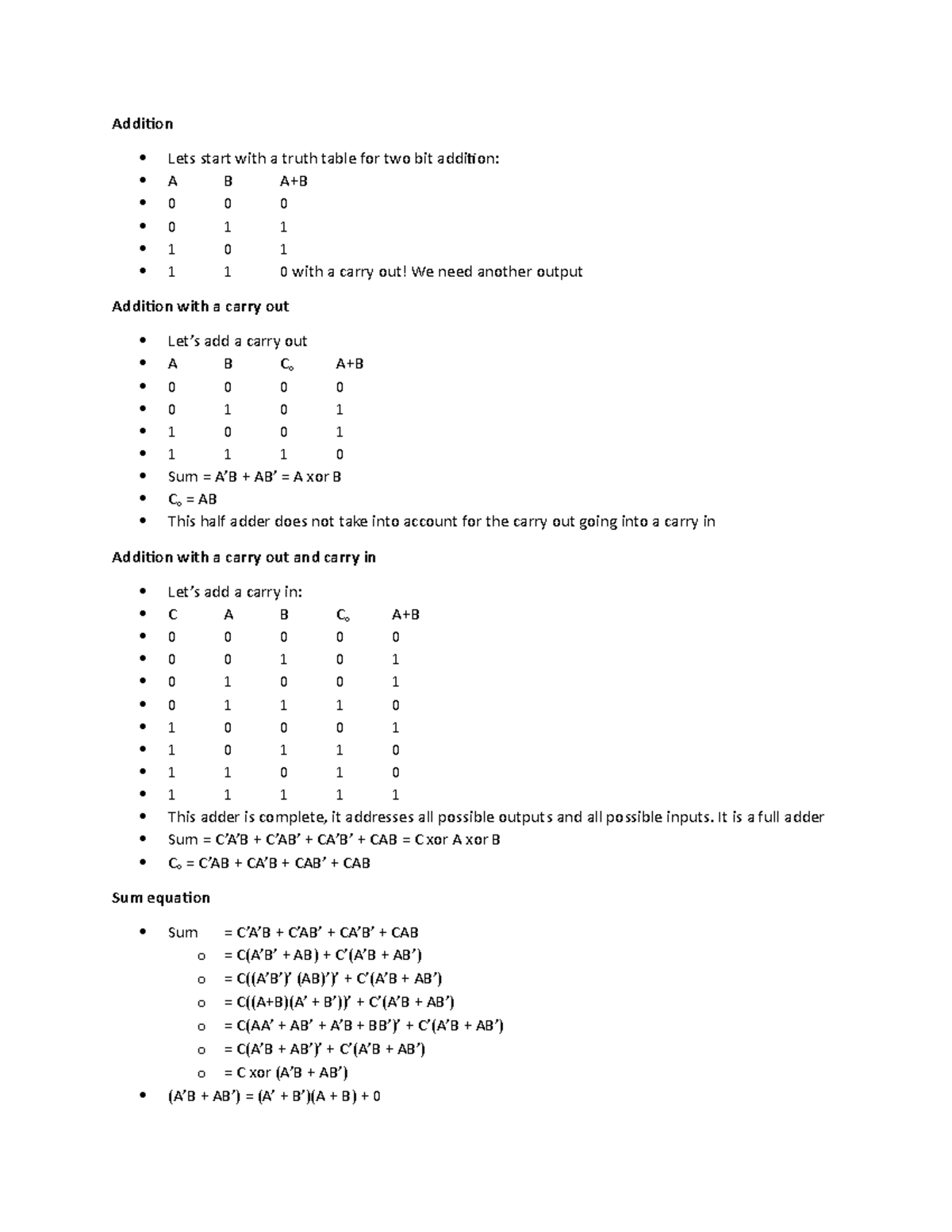 Lesson 6 Addition - N/a - Addition Lets start with a truth table for ...