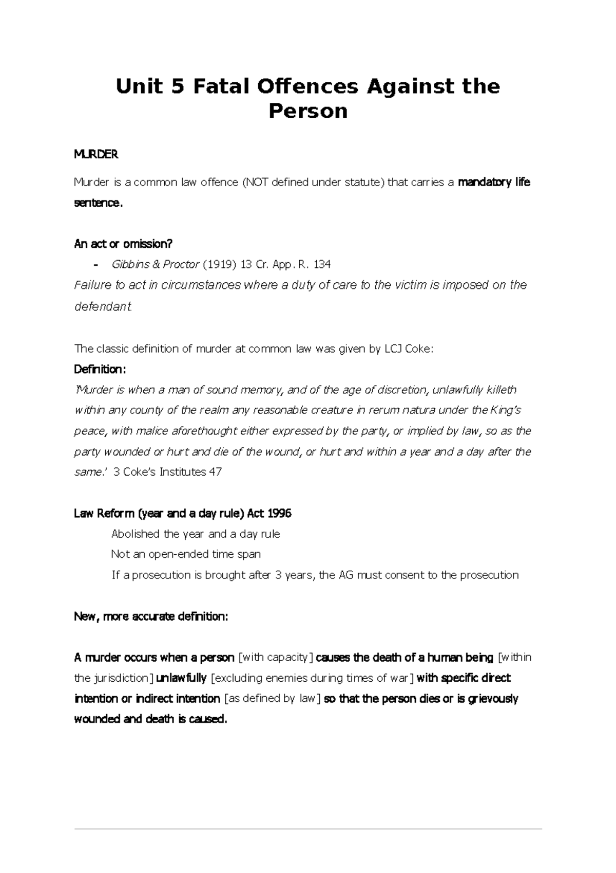 Unit 5 Fatal Offences Against THE Person - Unit 5 Fatal Offences ...