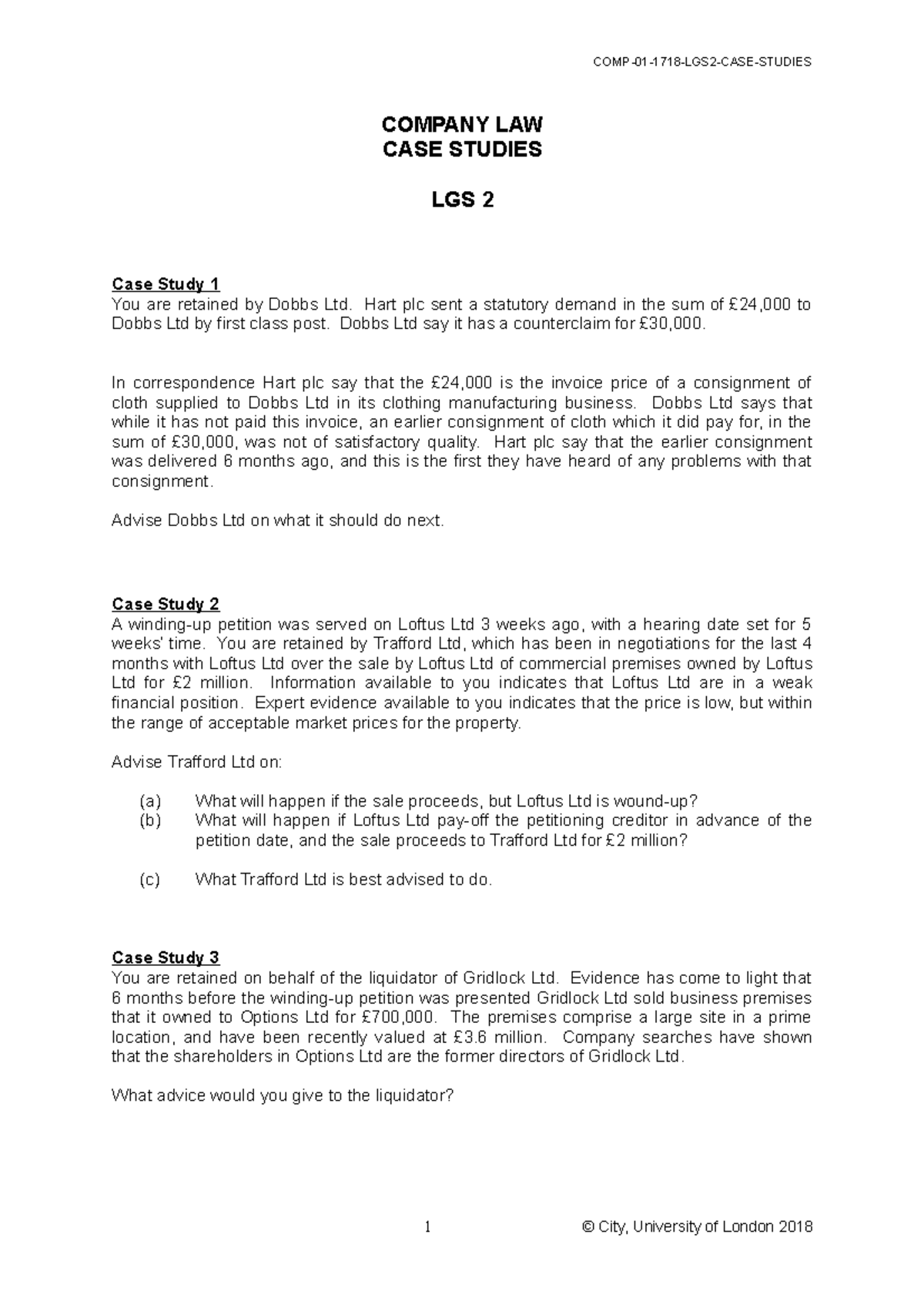 Company LGS 2 Case Studies - COMP-01-1718-LGS2-CASE-STUDIES COMPANY LAW ...