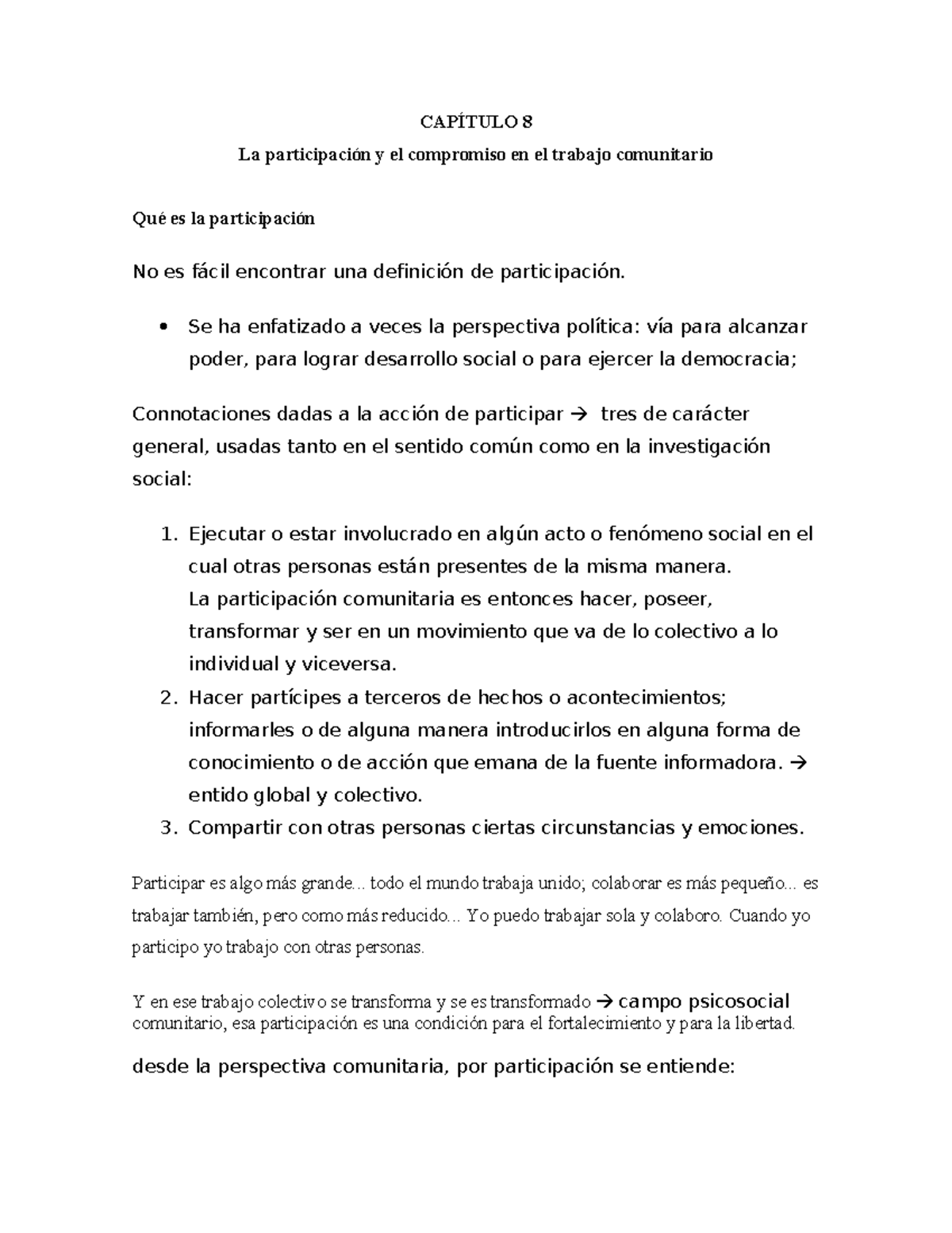 Cap 8 - Montero - CAPÍTULO 8 La participación y el compromiso en el trabajo comunitario Qué es ...