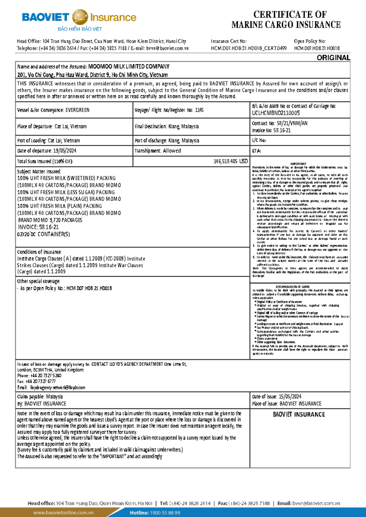 MOMO Cargo Insurance Contract - CERTIFICATE OF MARINE CARGO INSURANCE ...