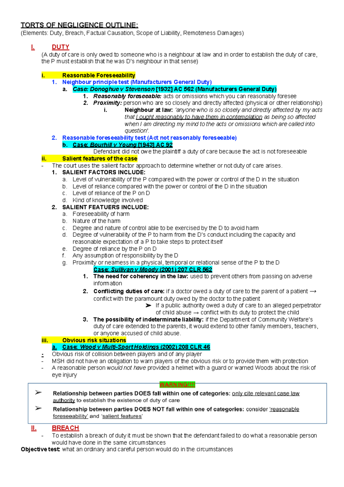 Tort of negligence - TORTS OF NEGLIGENCE OUTLINE: (Elements: Duty ...