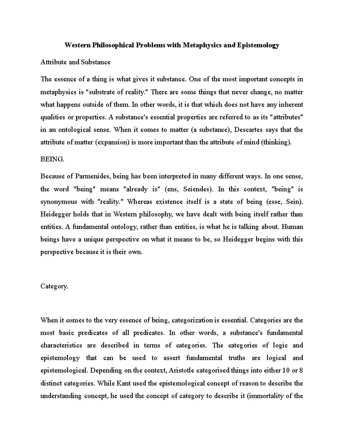 Western Philosophical Problems with Metaphysics and Epistemology - One ...