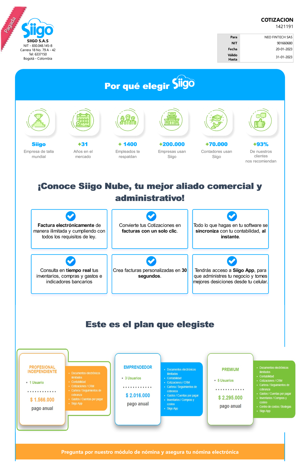 Cotizacion Y Compra DE Siigo - Para NEO FINTECH SAS NIT 901660680 Fecha ...