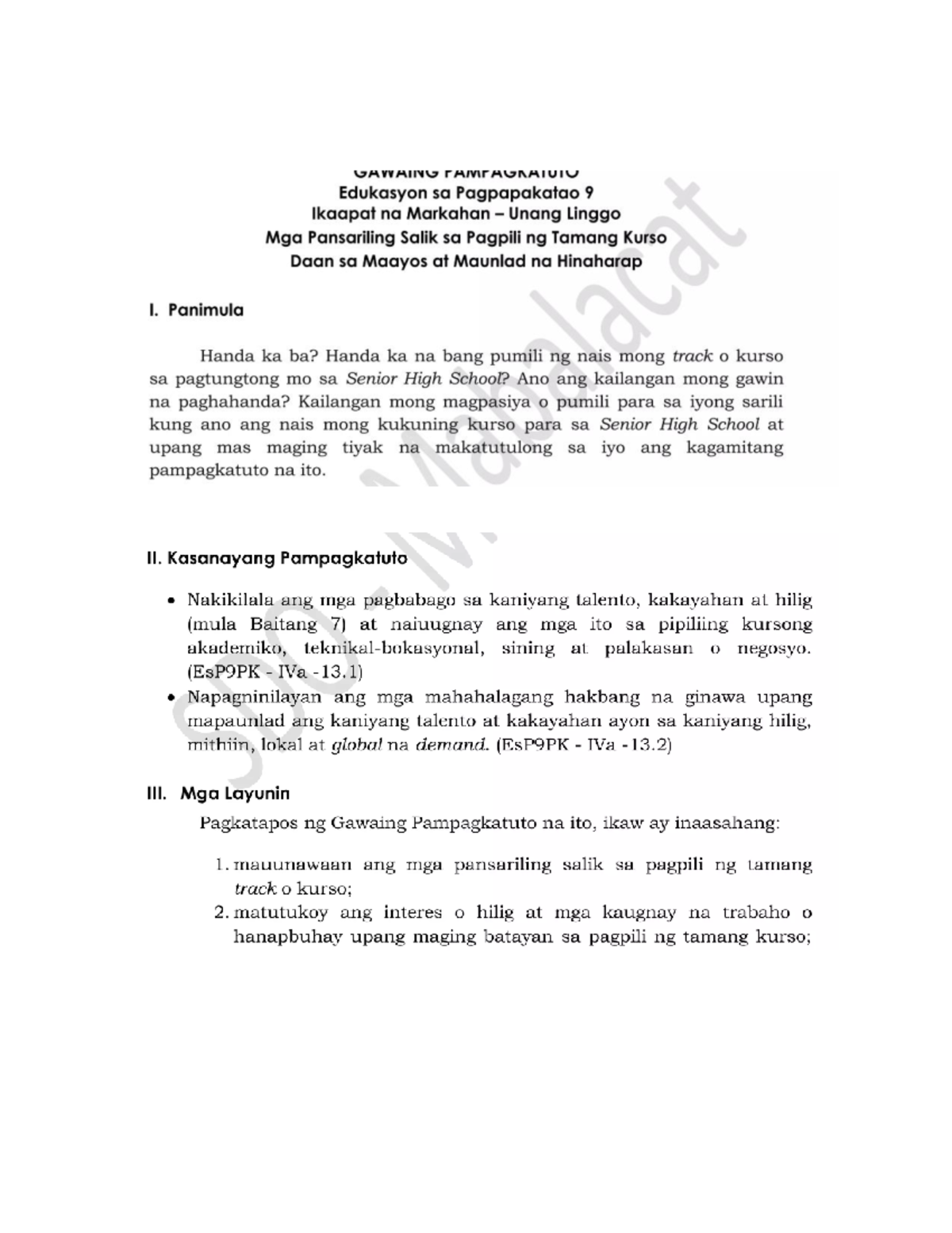 ESP Q4 -W1 - ESP 9 Quarter 4 - Edukasyon sa Pagpapakatao - Studocu