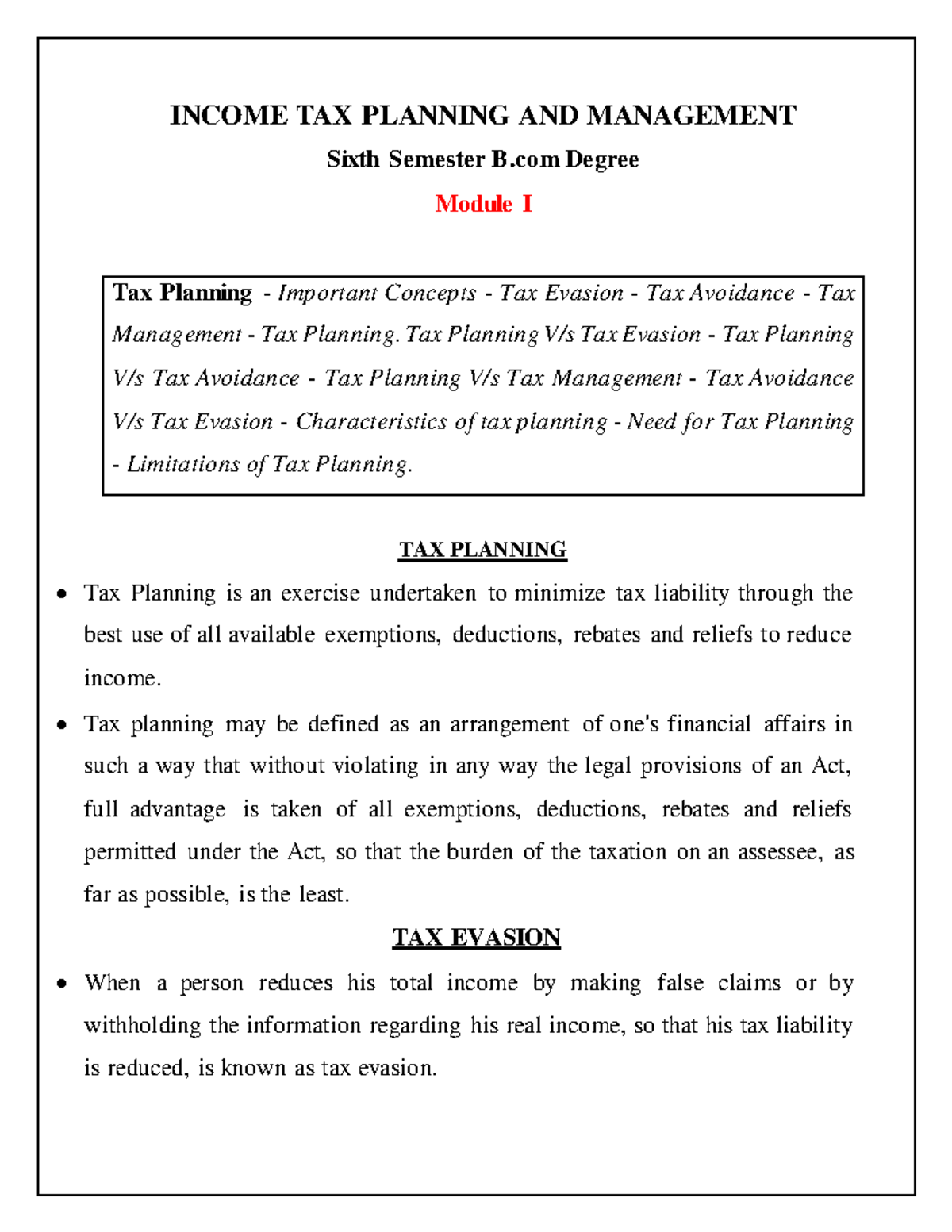 Module 1 Income TAX Planning AND Managemnet - TAX Planning - INCOME TAX ...