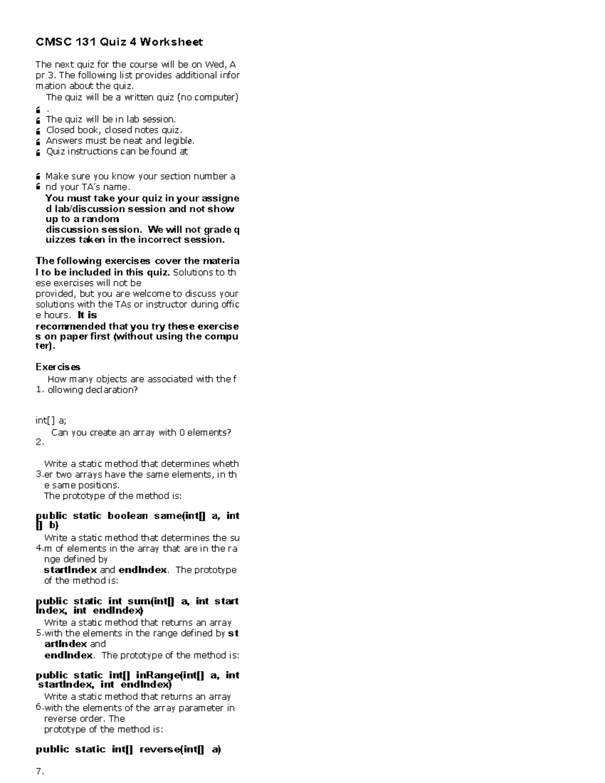 Worksheet 4 - CMSC 131 Quiz 4 Worksheet The next quiz for the course ...