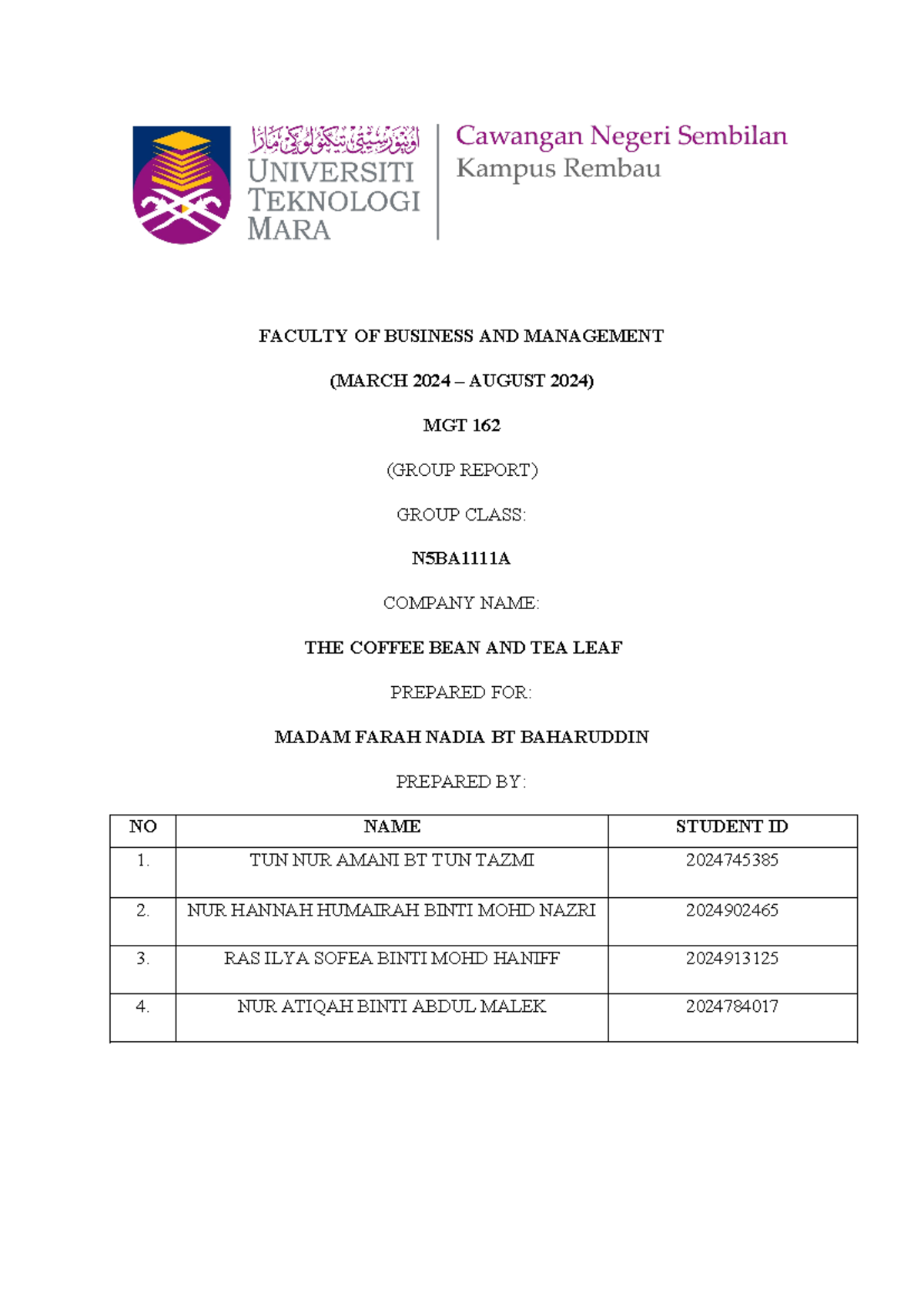 CBTL Assigment Group MGT162 - FACULTY OF BUSINESS AND MANAGEMENT (MARCH ...