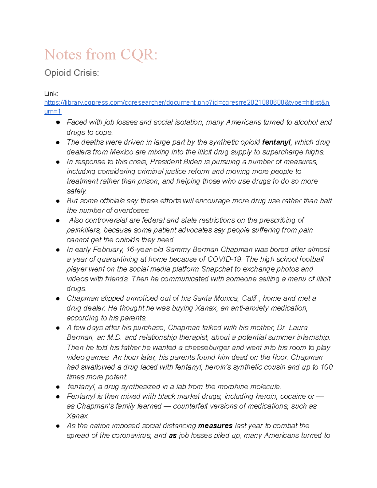 Notes from CQR for Description Essay - Notes from CQR: Opioid Crisis ...