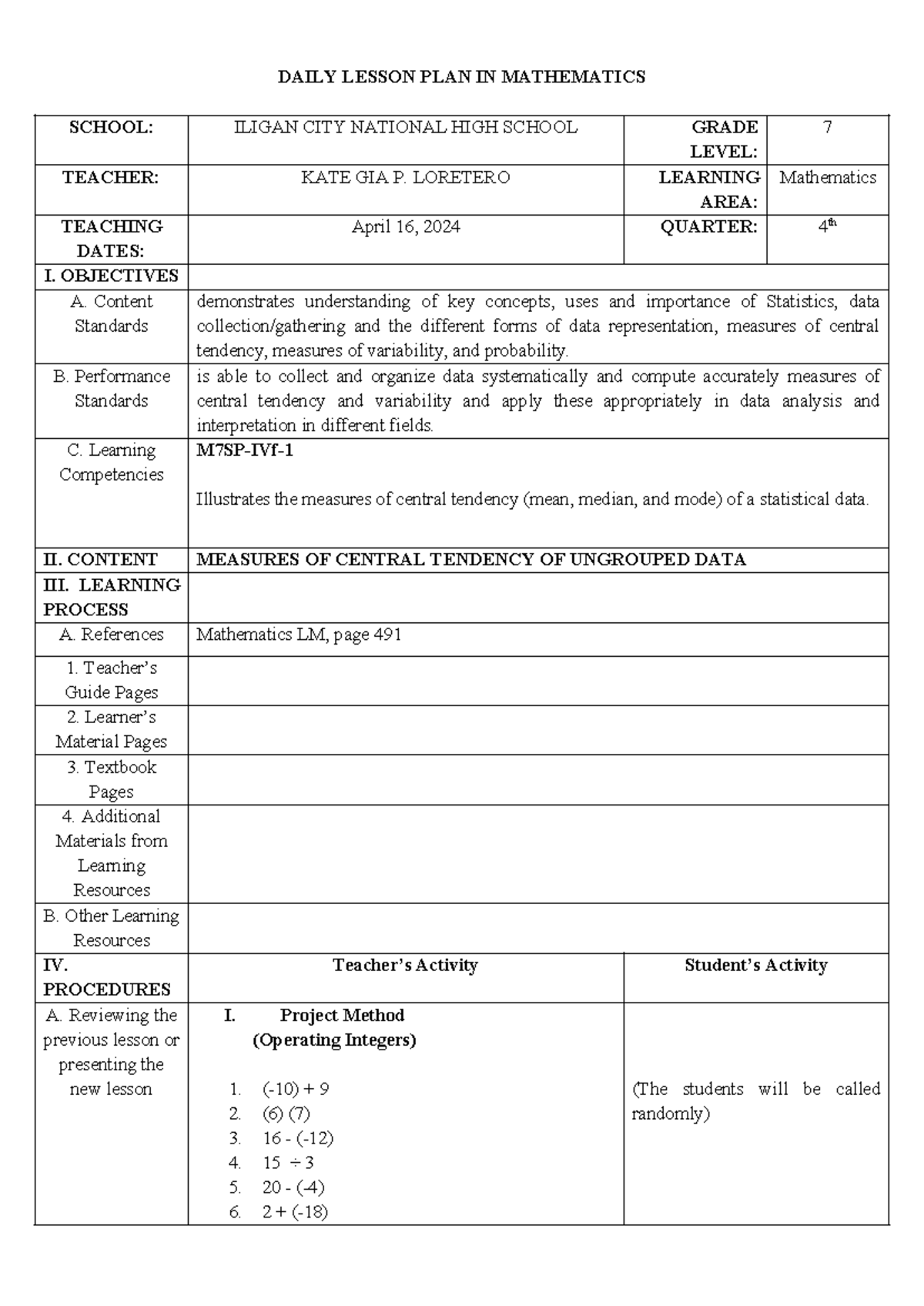 Final DEMO - DAILY LESSON PLAN IN MATHEMATICS SCHOOL: ILIGAN CITY ...