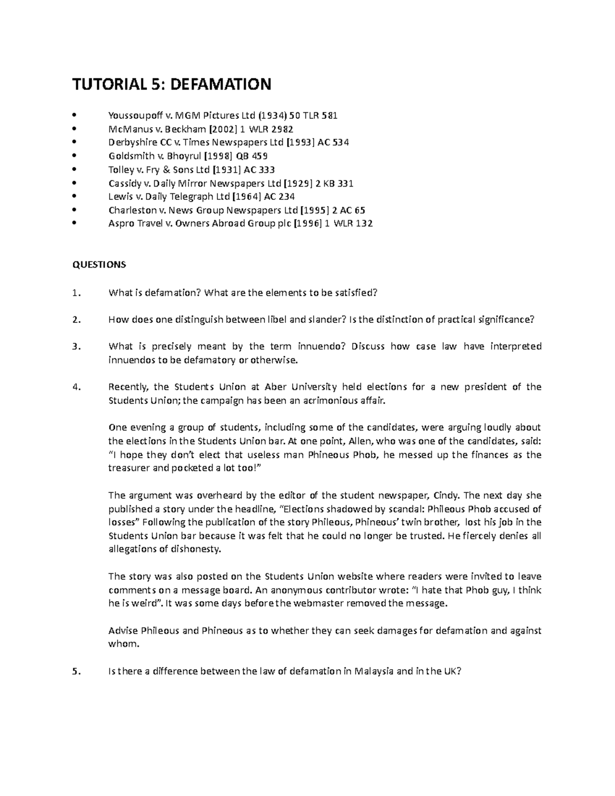 Tutorial 5- Defamation - TUTORIAL 5: DEFAMATION Youssoupoff v. MGM ...