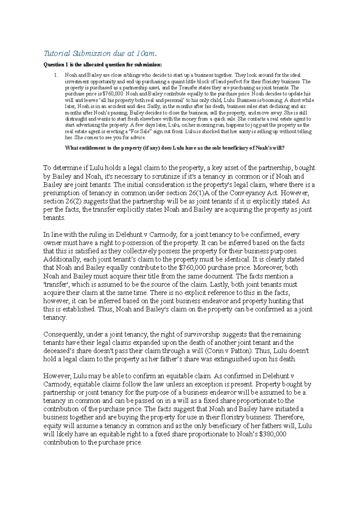 Week 5 question - Tutorial Submission due at 10am. Question 1 is the allocated question for ...