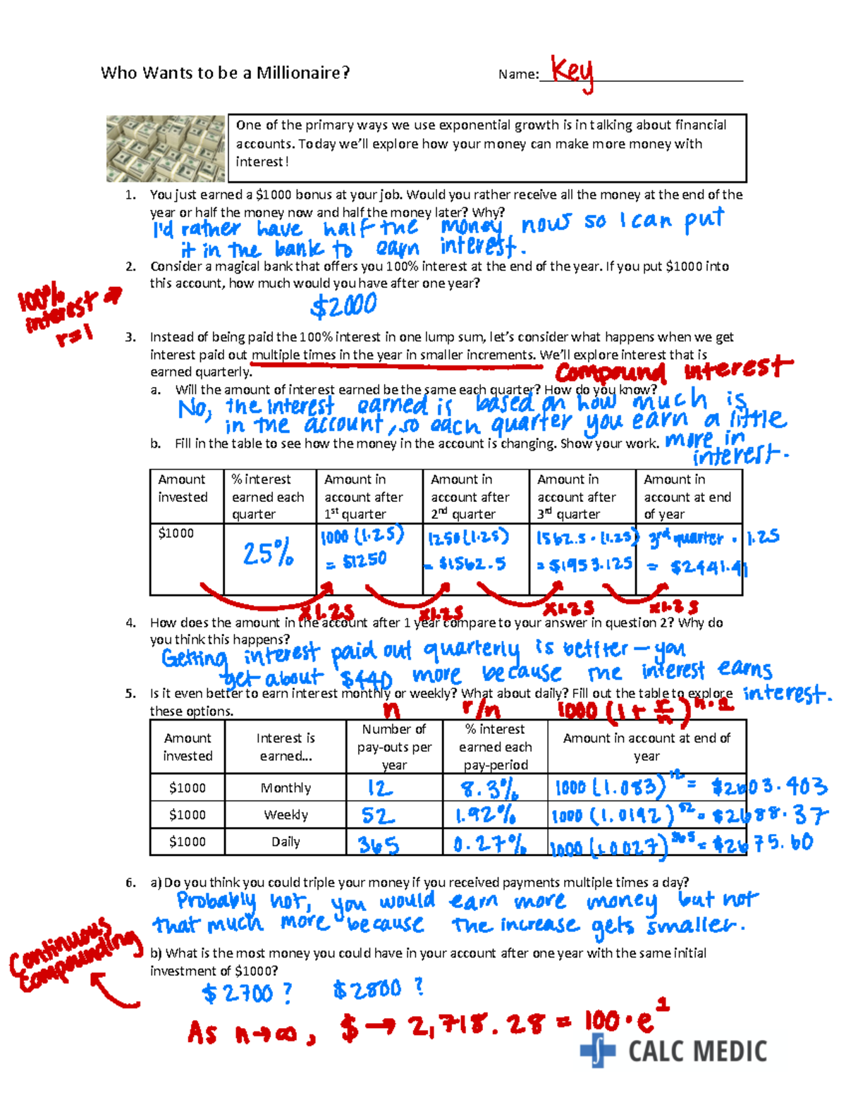 Ap Calculus worksheet - Who Wants to be a Millionaire? Name ...