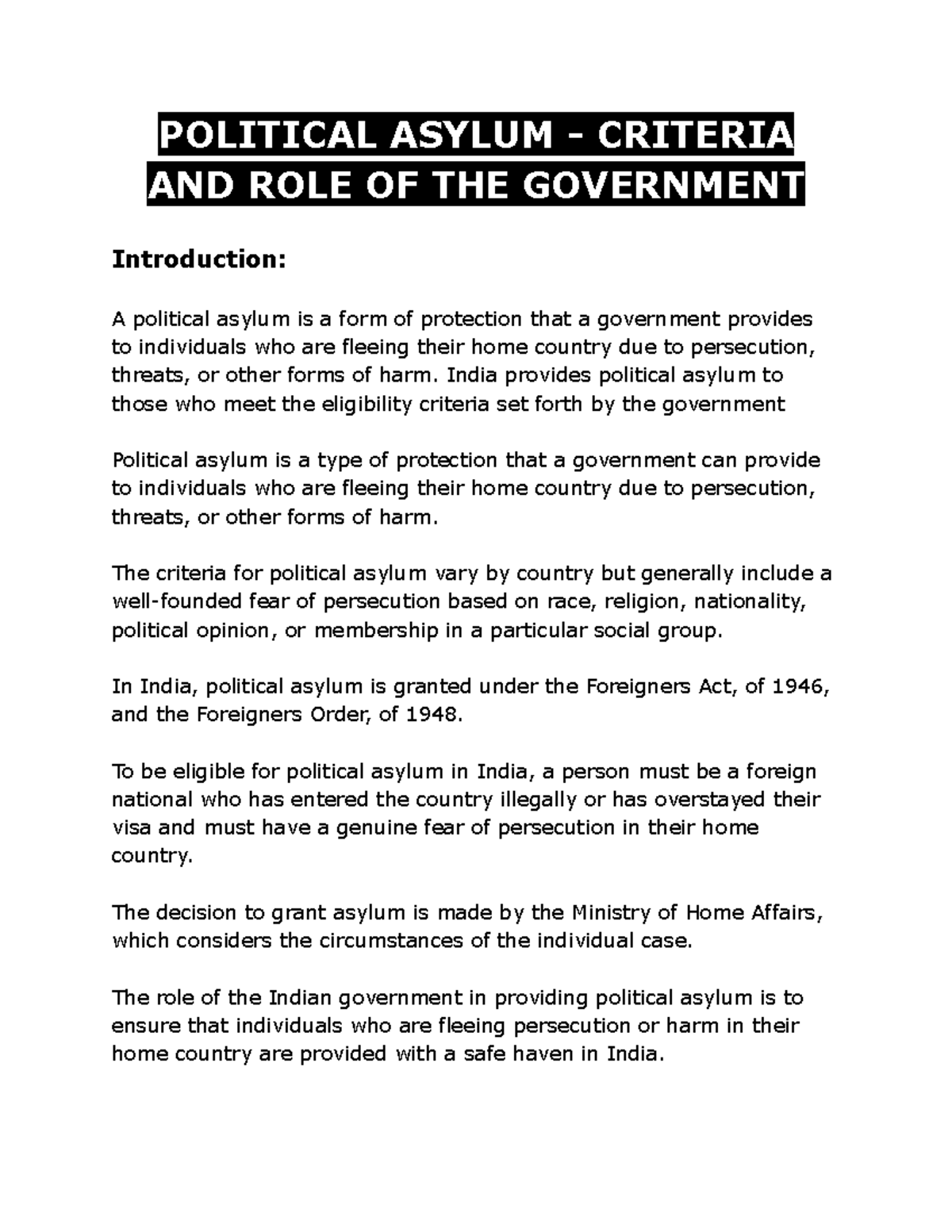 Political Asylum : Criteria and role of the Government - POLITICAL ...