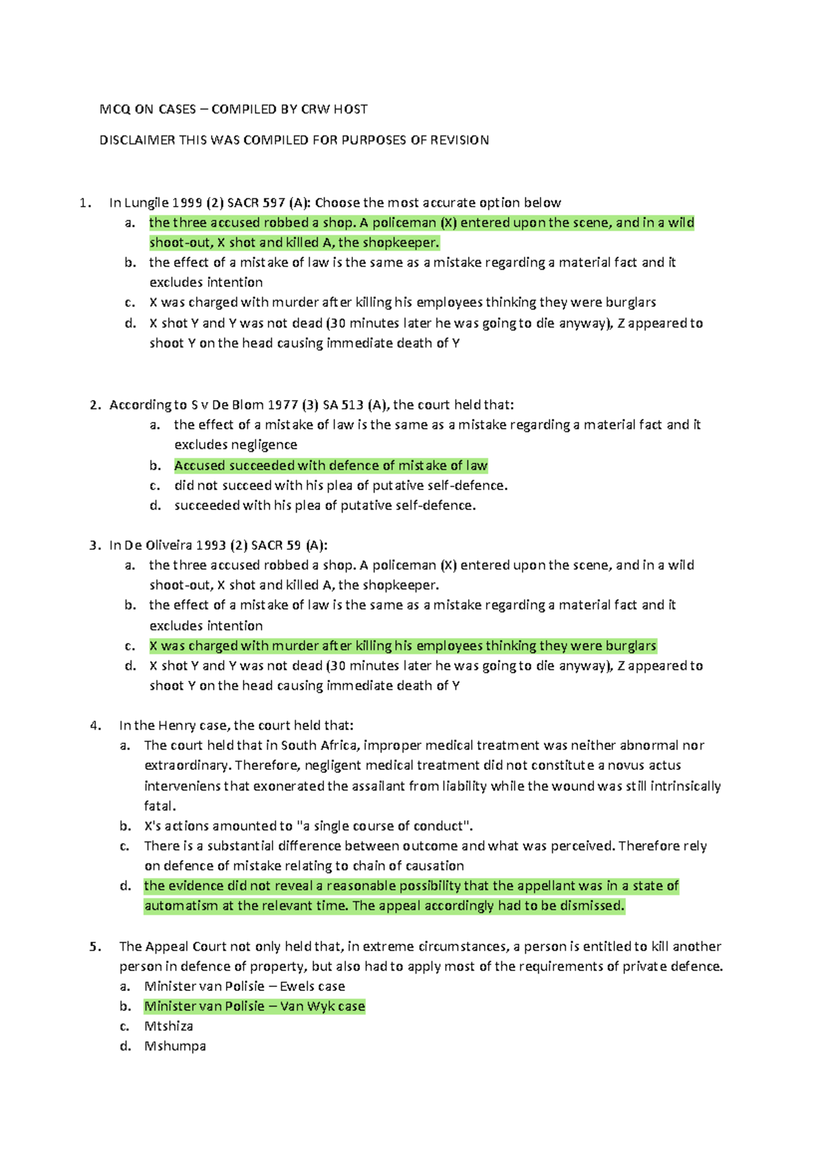MCQ ON CASE MEMO - MCQ ON CASES – COMPILED BY CRW HOST DISCLAIMER THIS ...