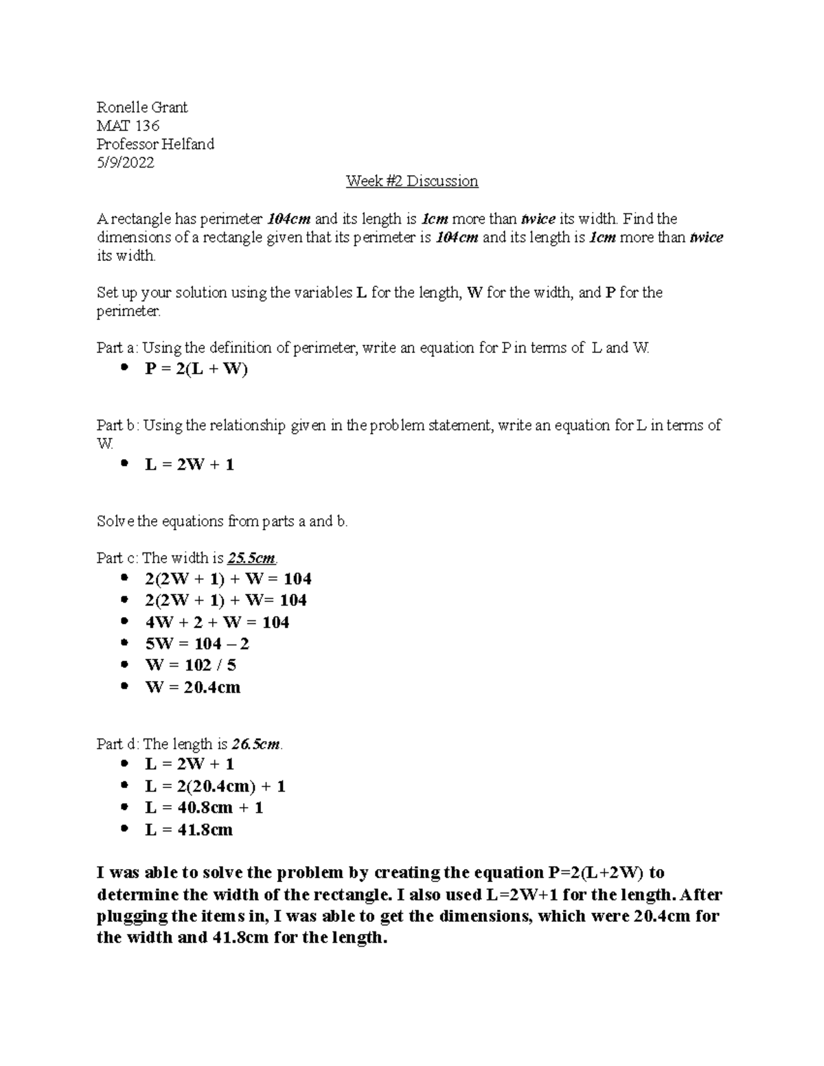 MAT 136, Week 2 Discussion, Finding the Perimeter of object, Detailed ...