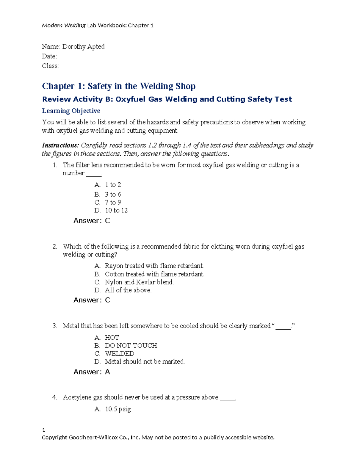 Welding worksheat B - fdjbk - Name: Dorothy Apted Date: Class: Chapter ...