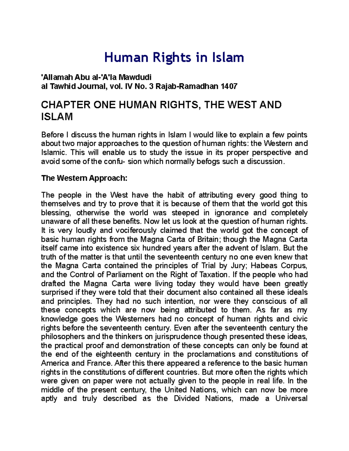Human Rights in Islam - pass - Human Rights in Islam 'Allamah Abu al-'A ...