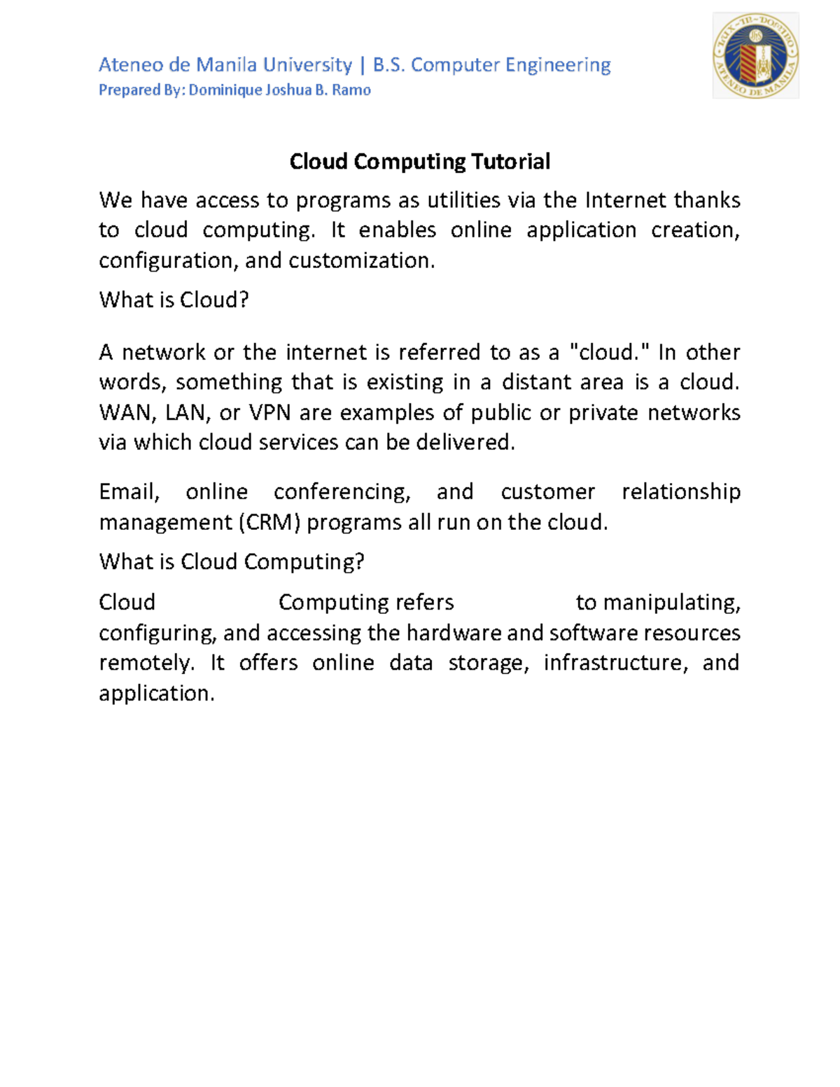 Study Guide - Cloud Computing Tutorial - Prepared By: Dominique Joshua ...