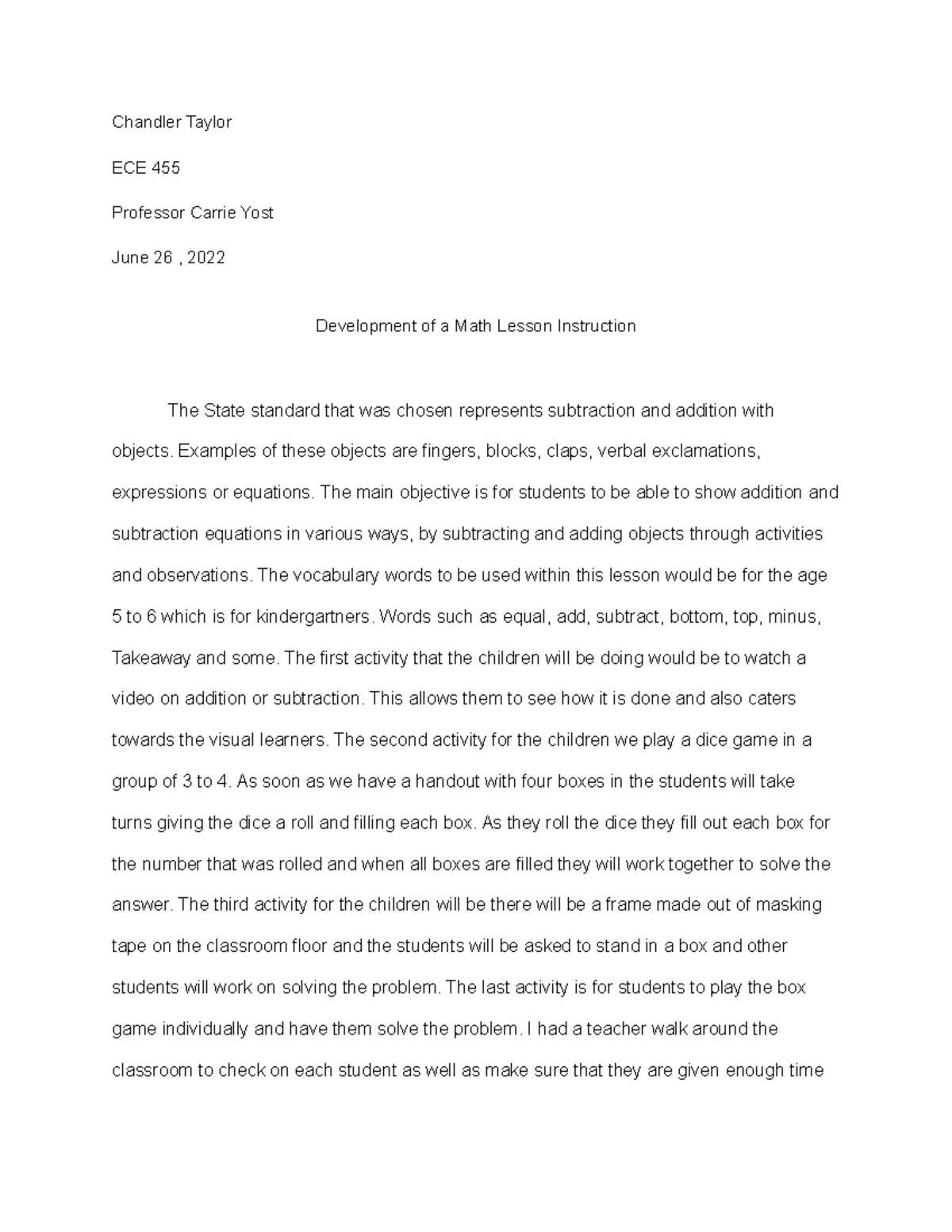 Development of math lesson instruction - Chandler Taylor ECE 455 ...