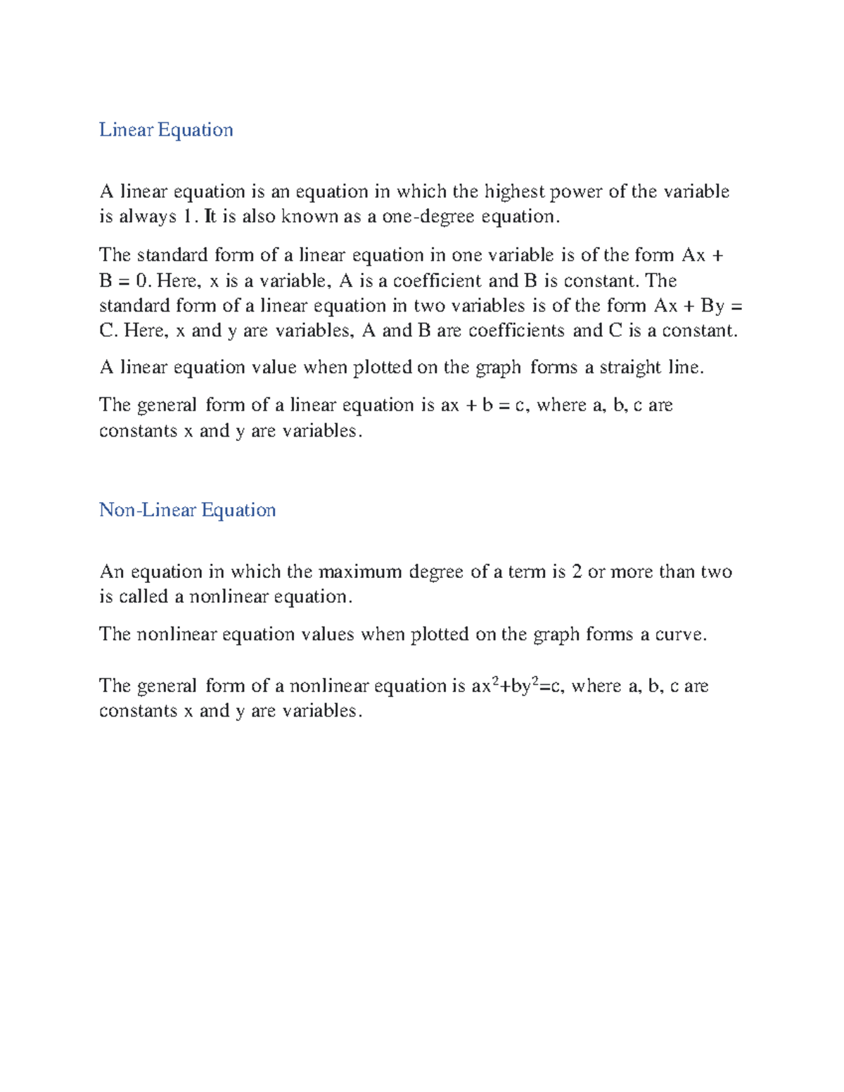 Roots of Function and Methods - Linear Equation A linear equation is an ...