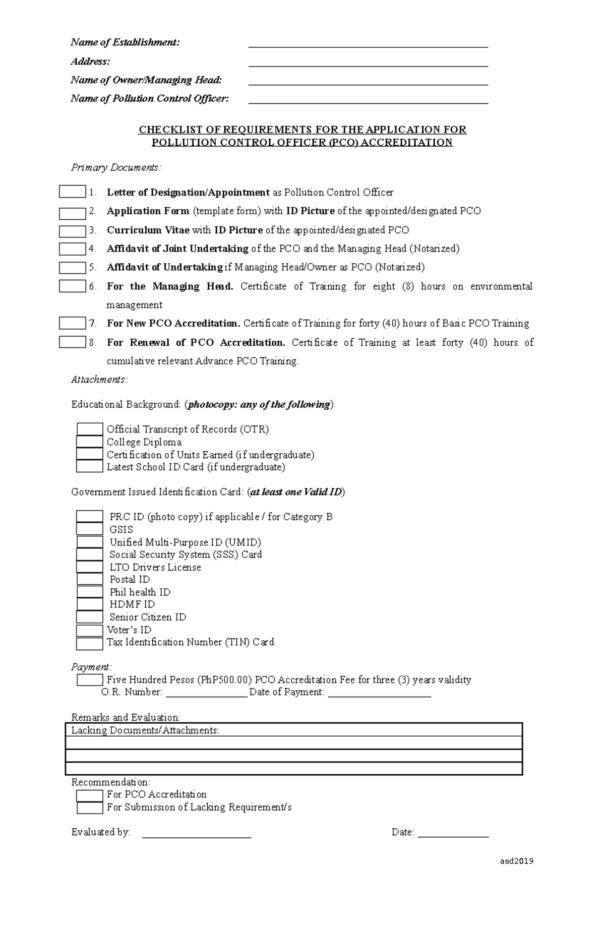 Checklist OF Requirements FOR THE Application FOR Pollution Control ...