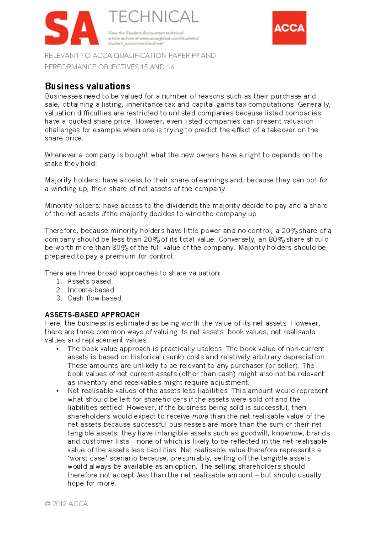Business valuation - Lecture notes 1-7 - RELEVANT TO ACCA QUALIFICATION ...