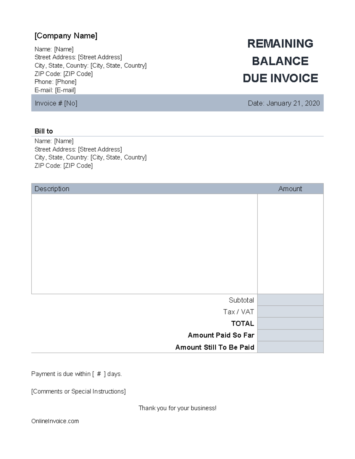 Remaining Balance Due Invoice Template - [Company Name] Name: [Name ...