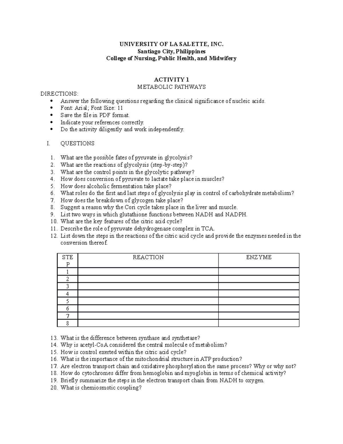 Activity 1 Metabolic Pathways - UNIVERSITY OF LA SALETTE, INC. Santiago ...