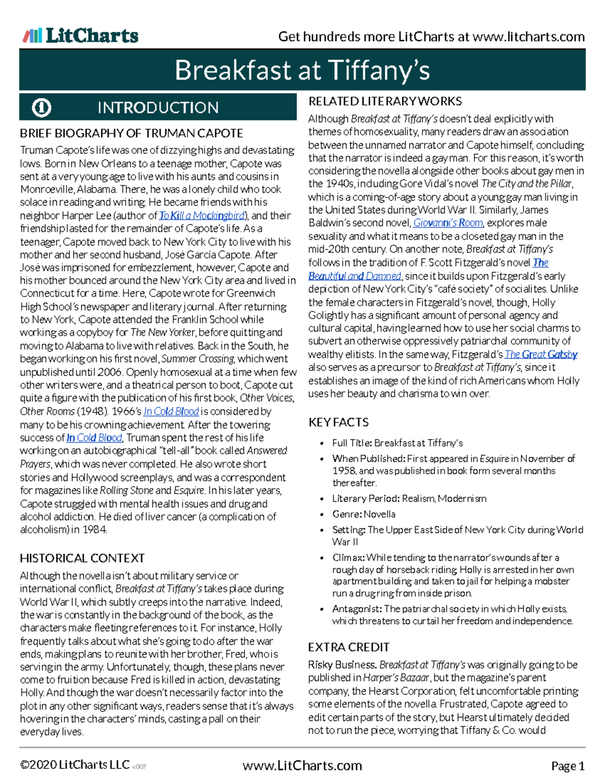 Breakfast at Tiffanys Lit Chart - Breakfast at Tiffany’s BRIEF ...