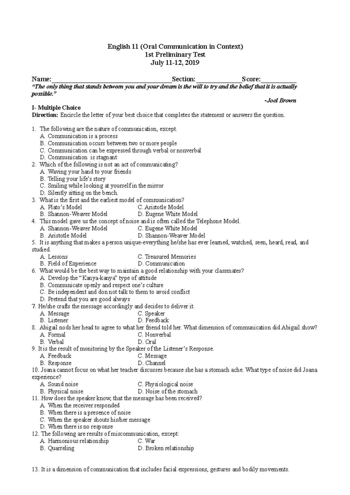 416422653 Test Paper for Grade 11 Oral Communication - English 11 (Oral ...