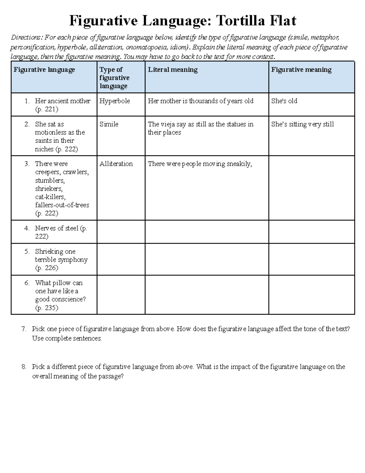 Copy of Figurative Language Tortilla Flat - Figurative Language ...