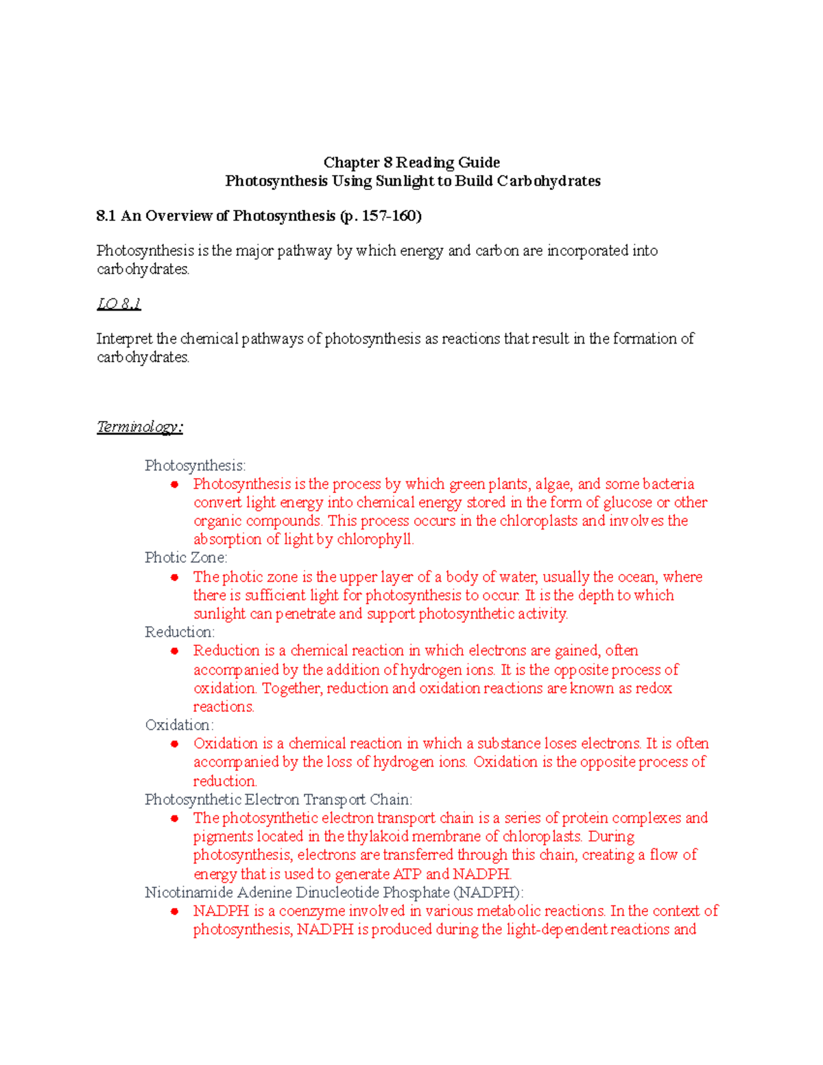 Chapter 8 Reading Guide - Chapter 8 Reading Guide Photosynthesis Using Sunlight to Build - Studocu