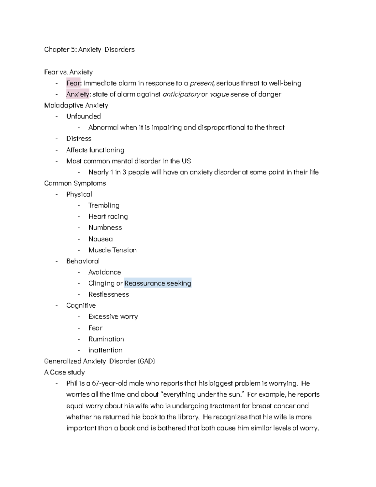 PSYC 3401 Chapter 5 pt1 - Teacher: Mara Makasiar - Chapter 5: Anxiety ...