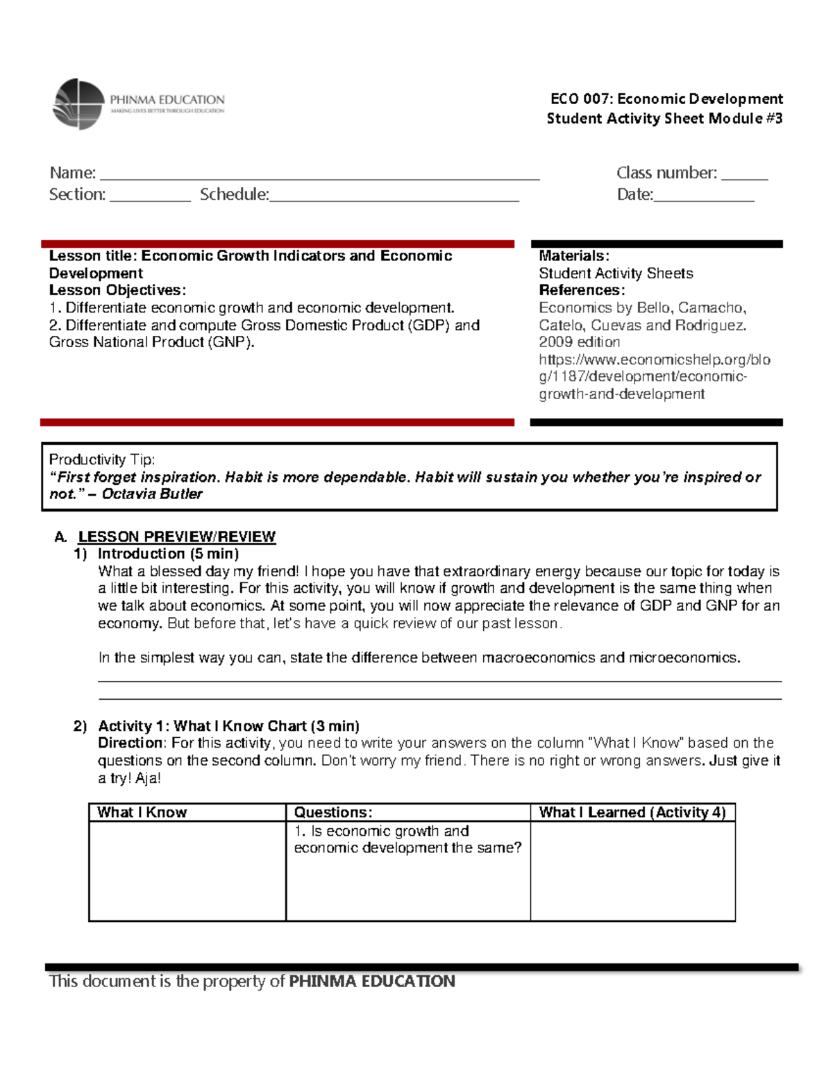 SAS3-ECO007 - Lecture notes. - Student Activity Sheet Module # Name ...