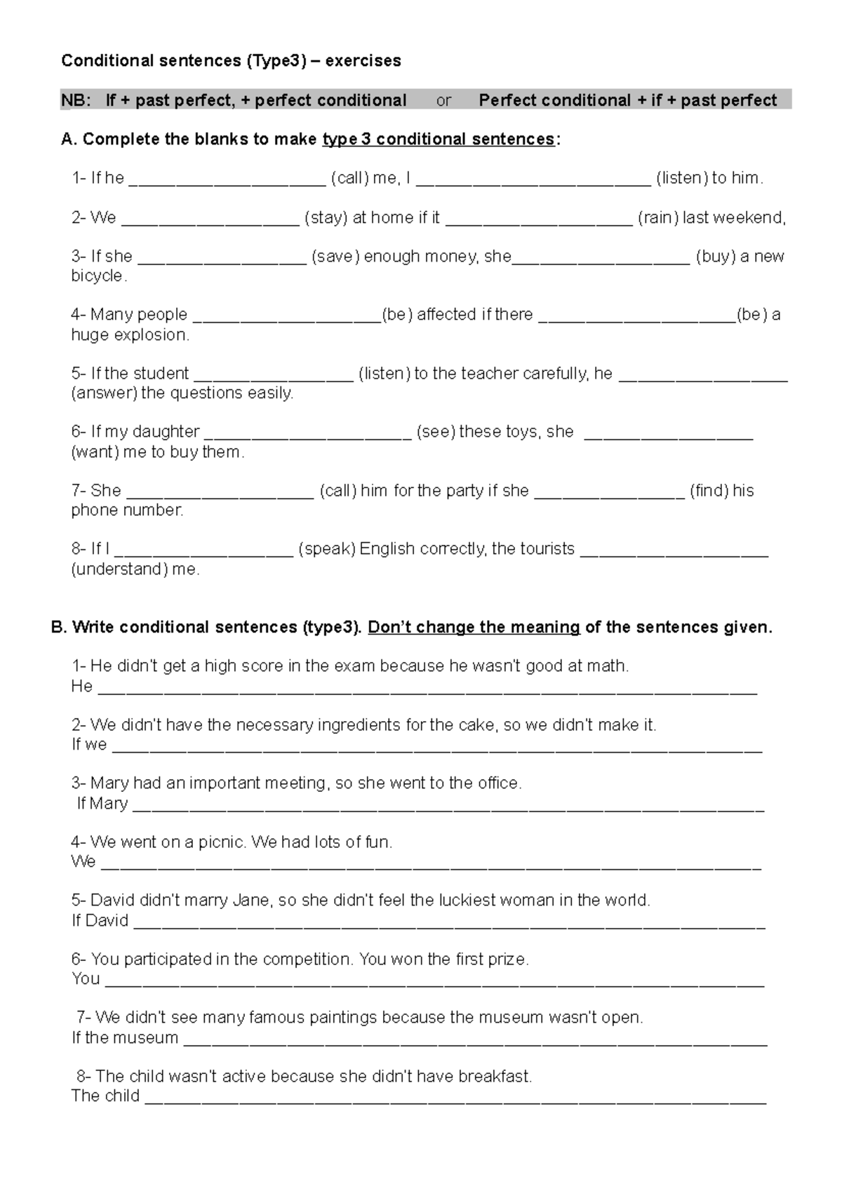 Conditional sentences (Type 3) exercises - Conditional sentences (Type3 ...