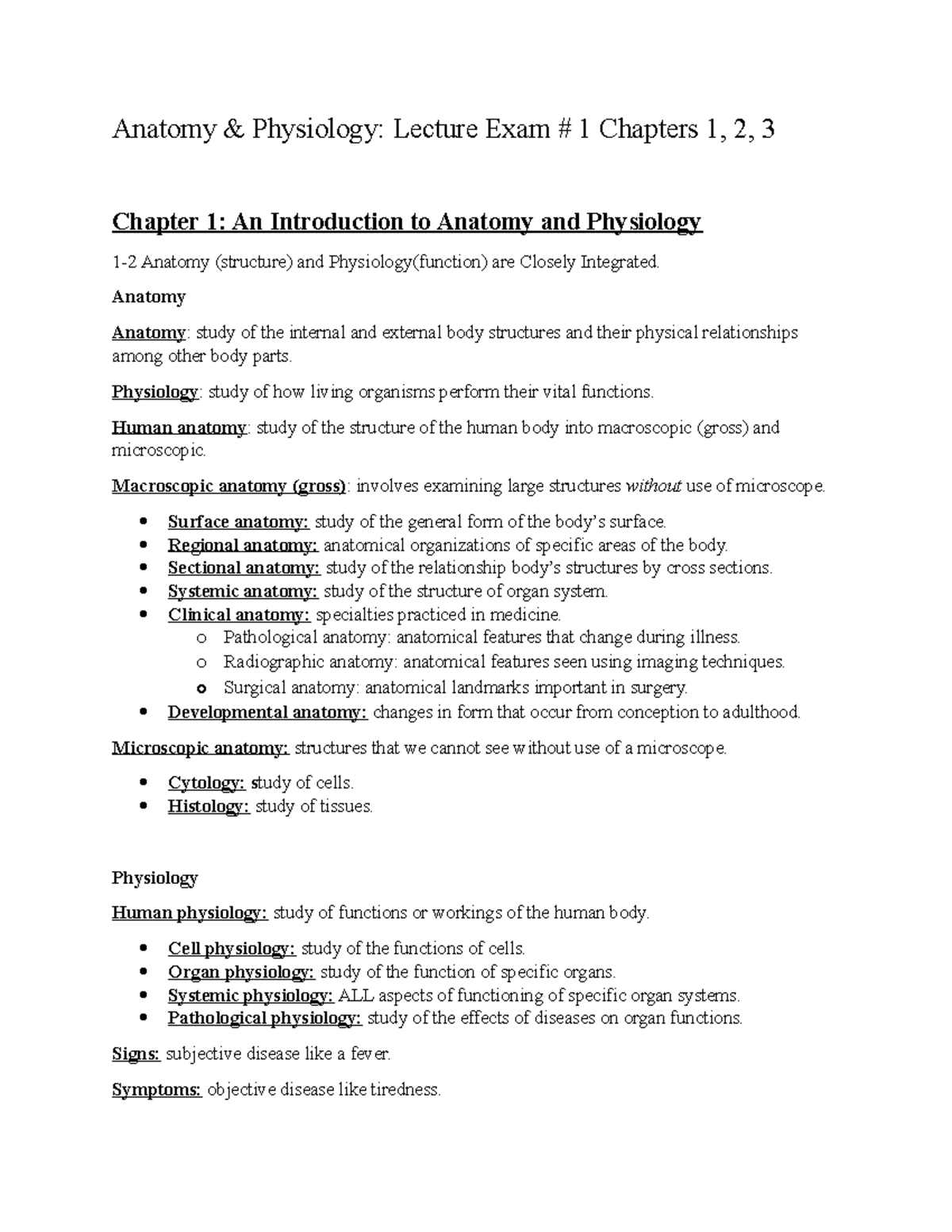 A&P I Lecture Exam Study Guide # 1 - Anatomy & Physiology: Lecture Exam ...