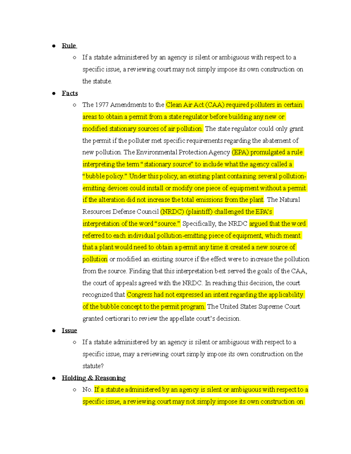 Admin Law- Chevron v. Natural Resources Defense Council, Inc - Rule If ...