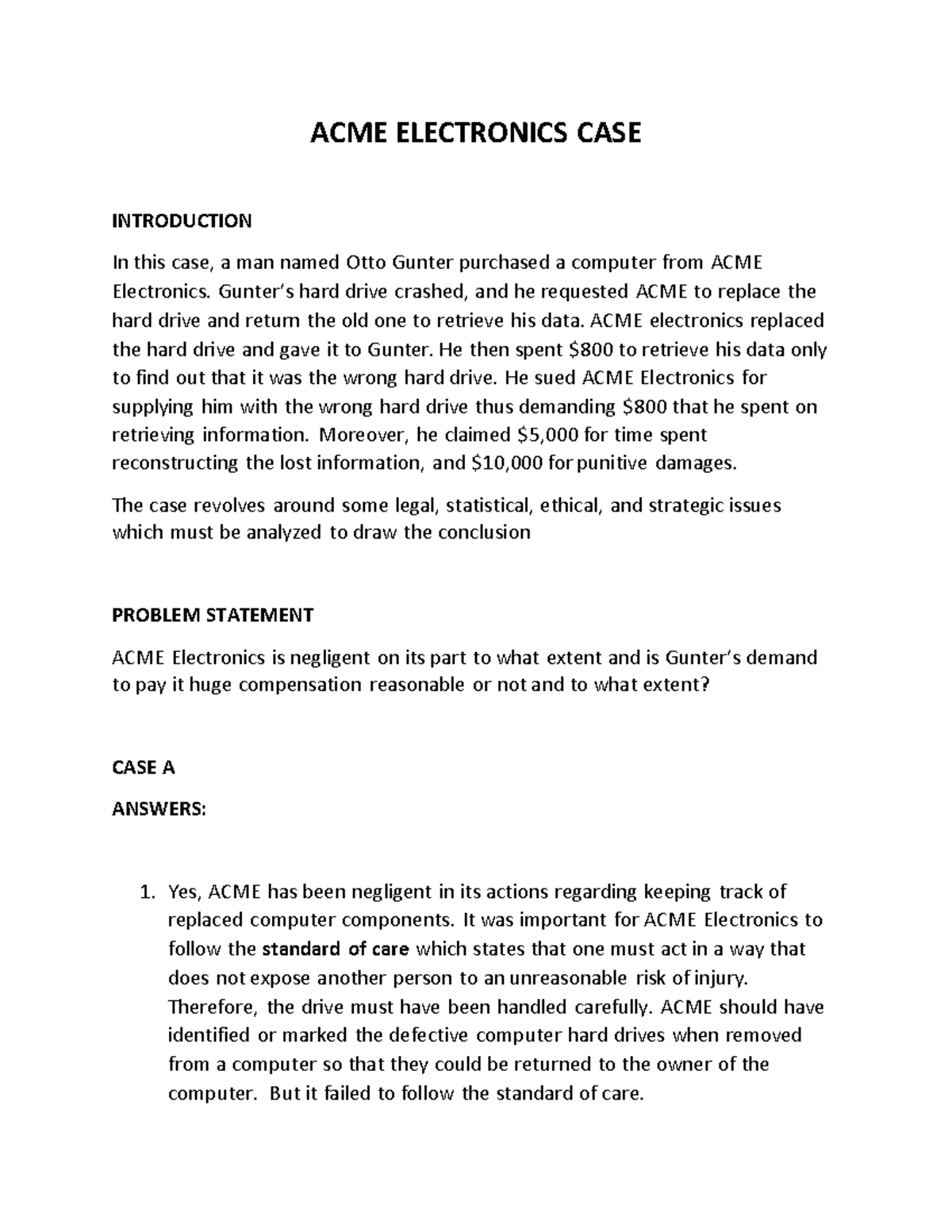 ACME Electronics CASE - ACME ELECTRONICS CASE INTRODUCTION In this case ...