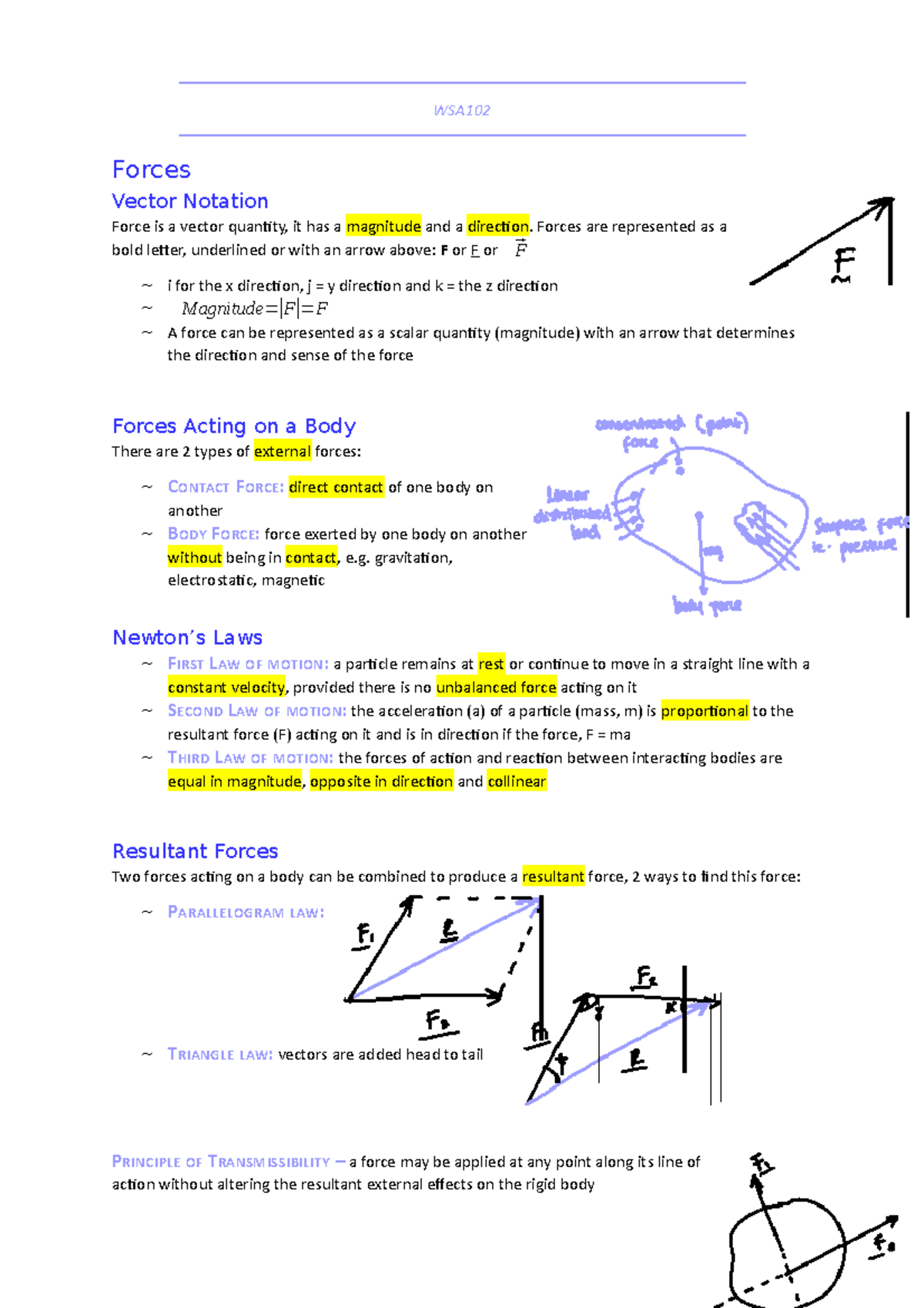 Forces / Statics Sem 1 - Forces Vector Notation Force is a vector ...
