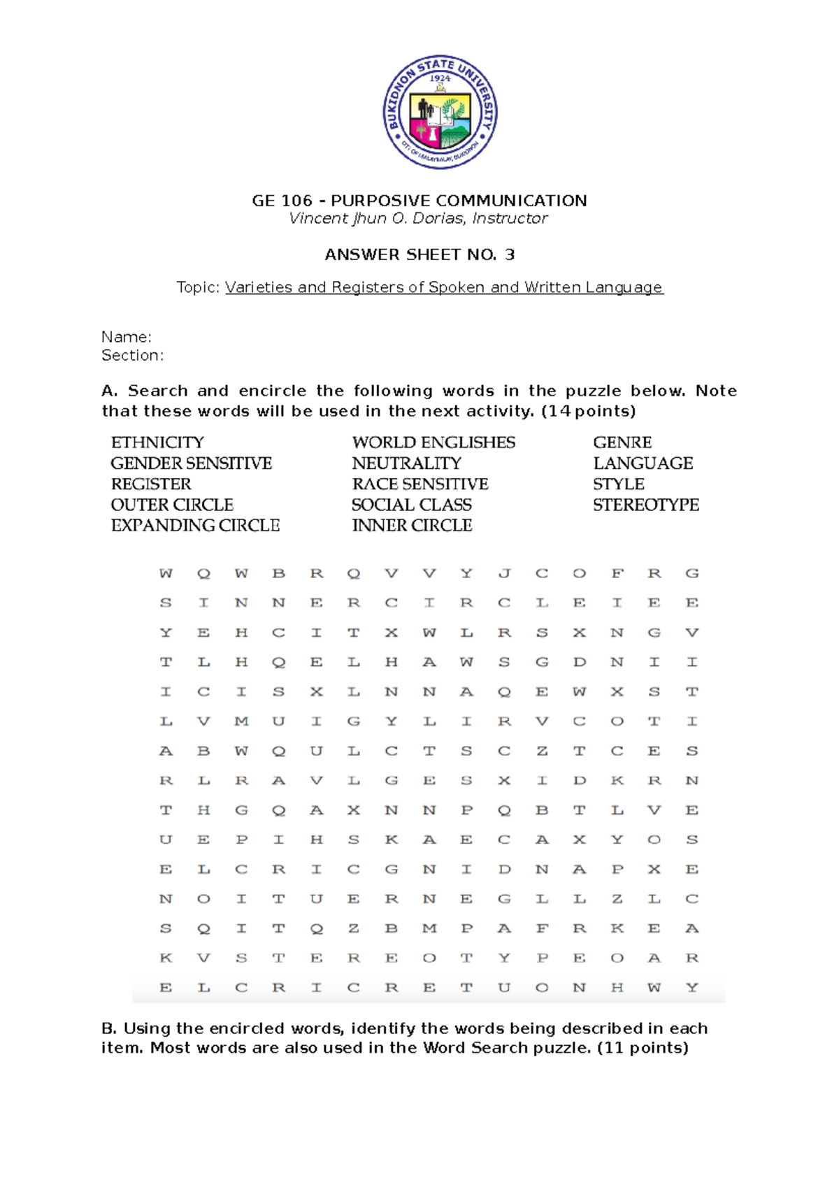 Lesson 3 Answer Sheet - GE 106 - PURPOSIVE COMMUNICATION Vincent Jhun O. Dorias, Instructor ...