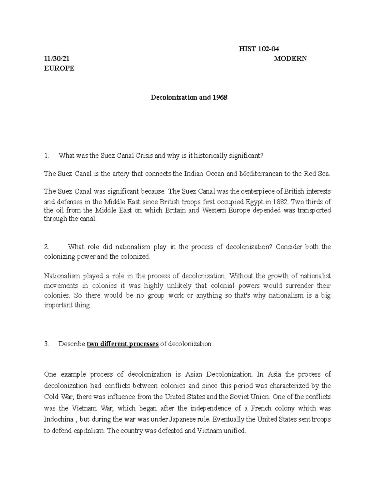 Decolonization -2 - HIST 102- 11/30/21 MODERN EUROPE Decolonization and ...