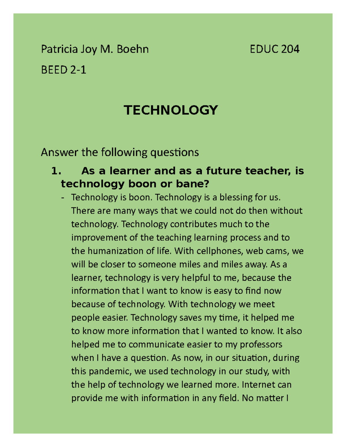 EDUC 204 - Technology - For study - Patricia Joy M. Boehn EDUC 204 BEED ...