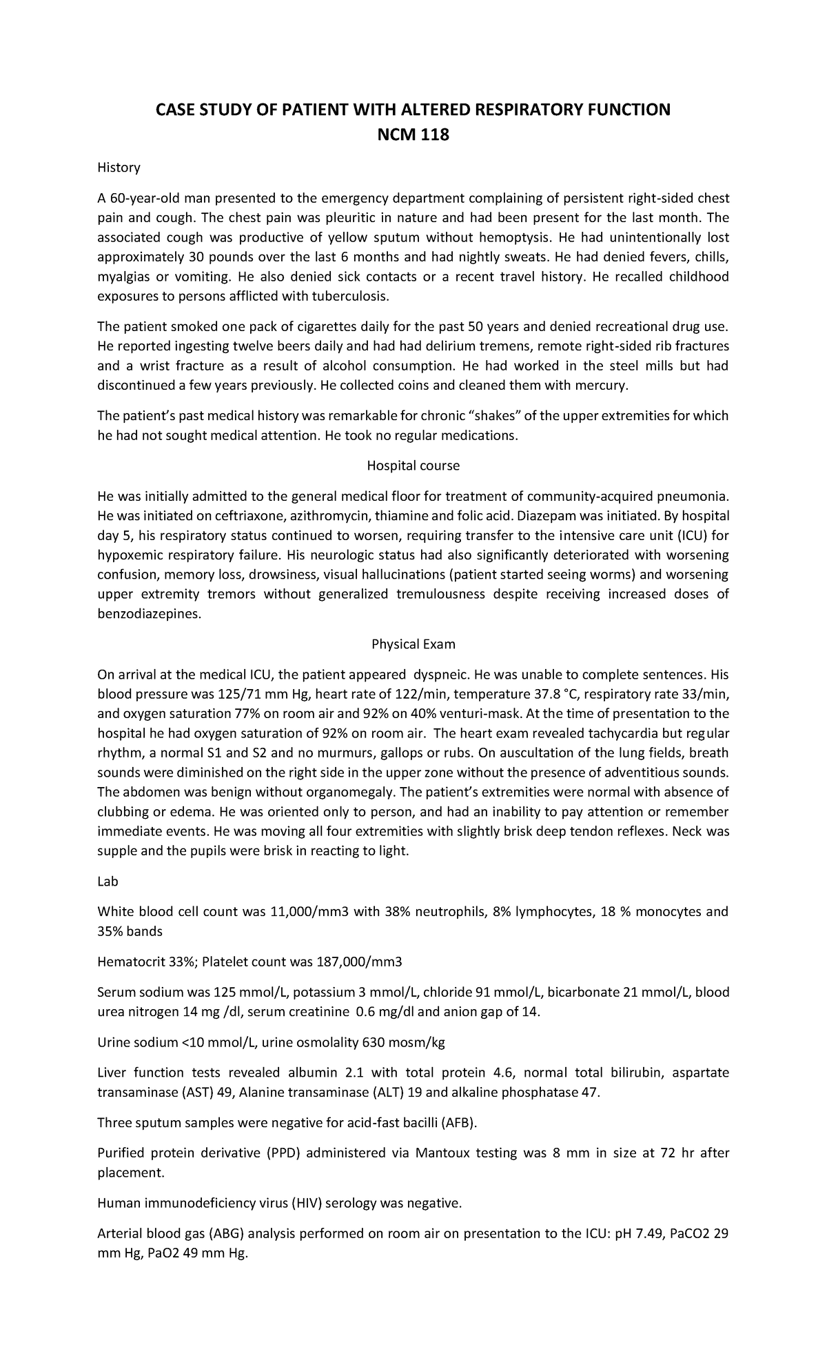 Assignment CASE Study OF Patient WITH Altered Respiratory Function - CASE STUDY OF PATIENT WITH ...