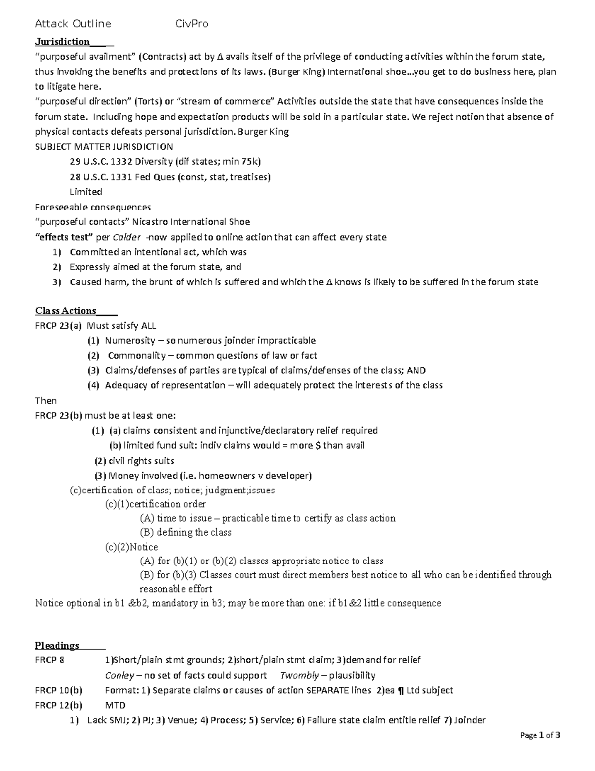 Attack Outline Civ Pro - Pleading and Procedure Cases and Materials ...